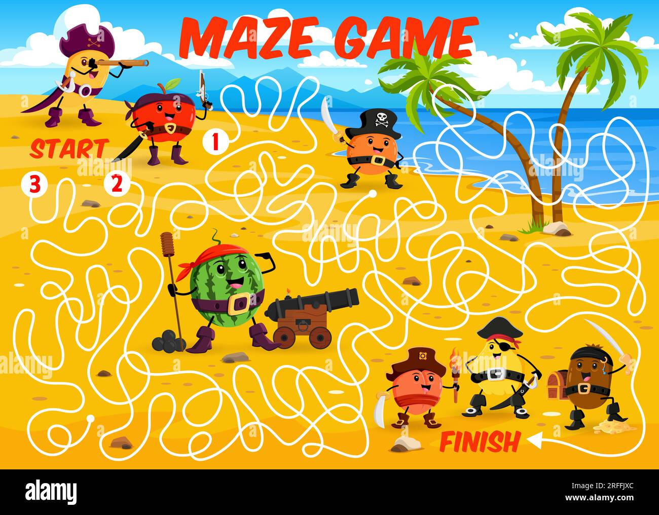 Labyrinth maze game. Cartoon fruit pirates and corsairs characters with ...