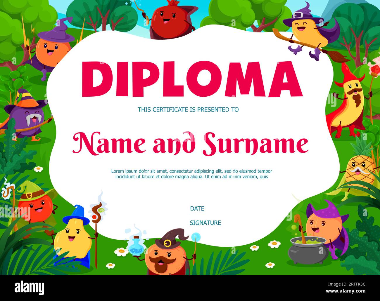 Kids diploma with cartoon Halloween fruit wizards and mages. Education ...