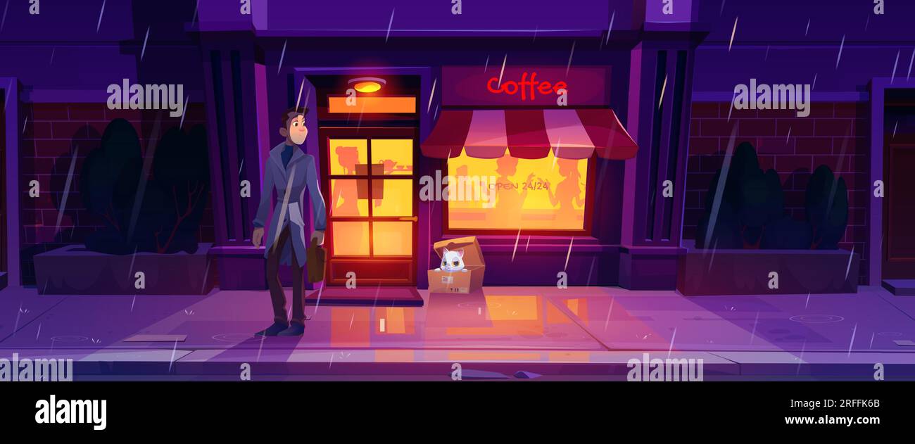 Night street cafe building exterior and cat in box illustration. Rain ...