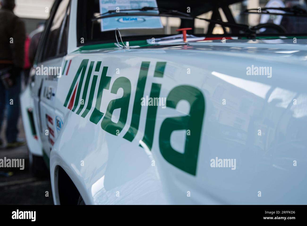 Fiat 131 Abarth rally car in Alitalia livery at the Monte Carlo Rallye ...