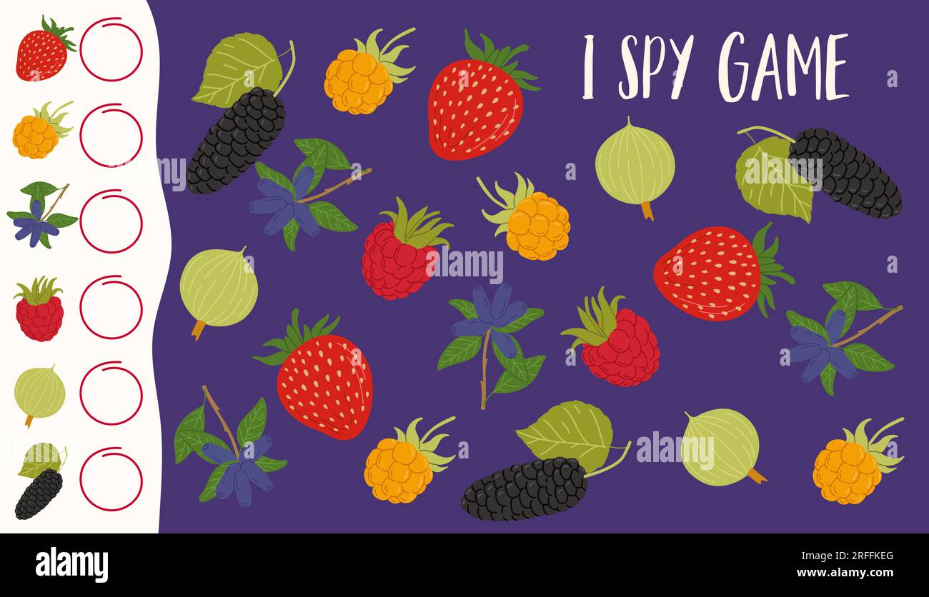I spy game worksheet with forest and garden ripe berries. Kids vector ...