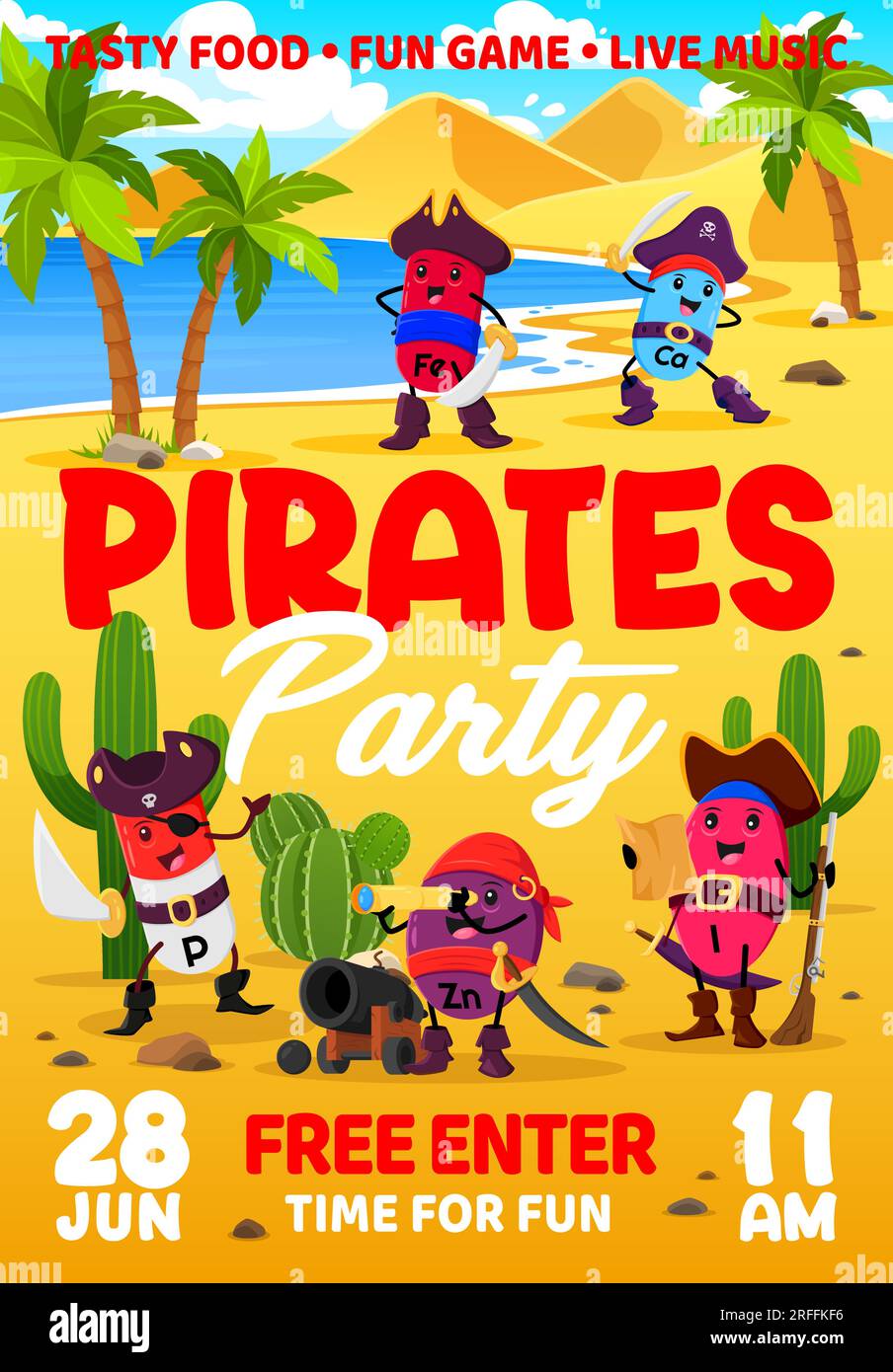 Kids party flyer with cartoon pirate characters. Vector poster ...