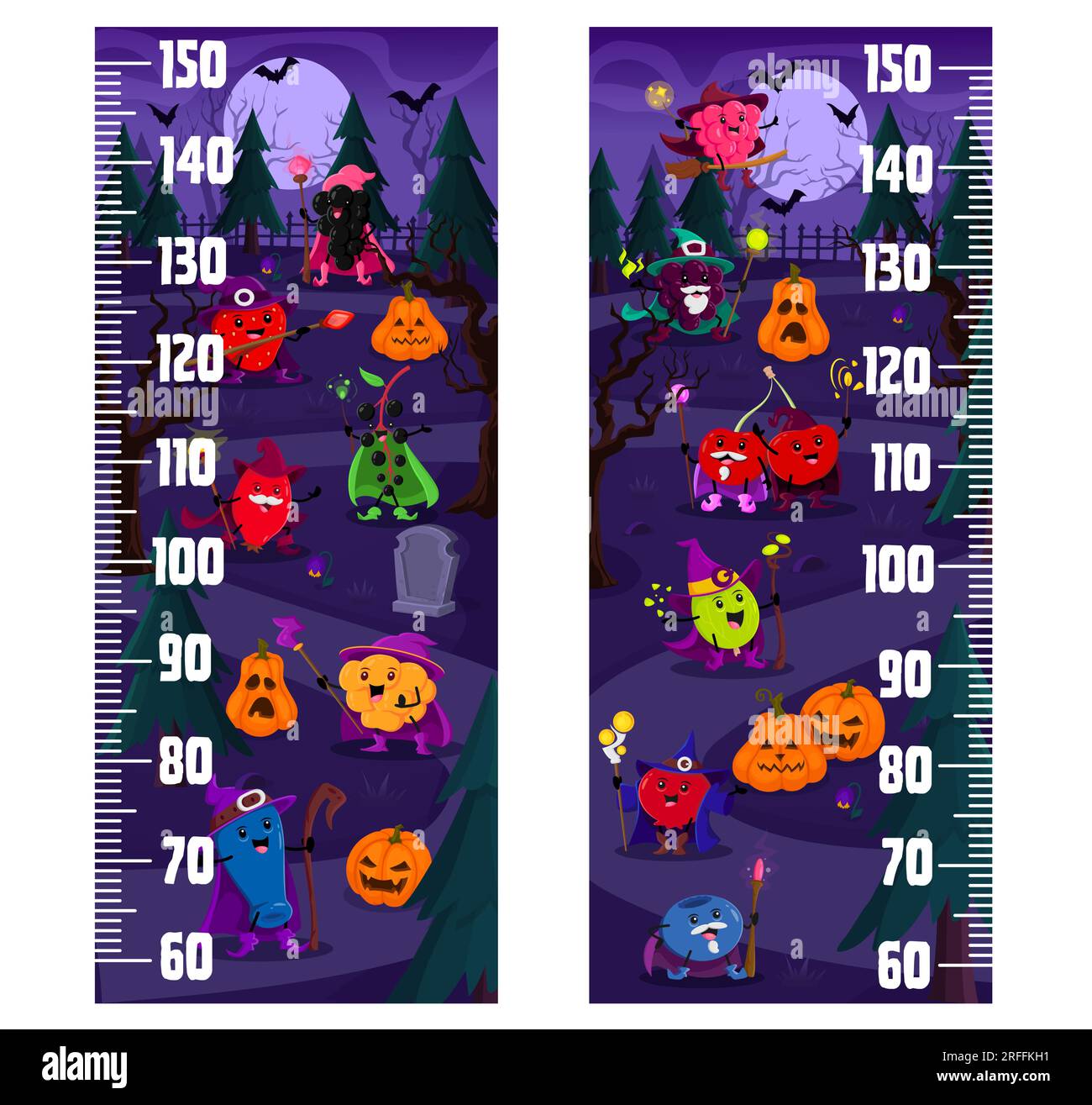 Kids height chart measure ruler. Cartoon Halloween berry wizards at ...