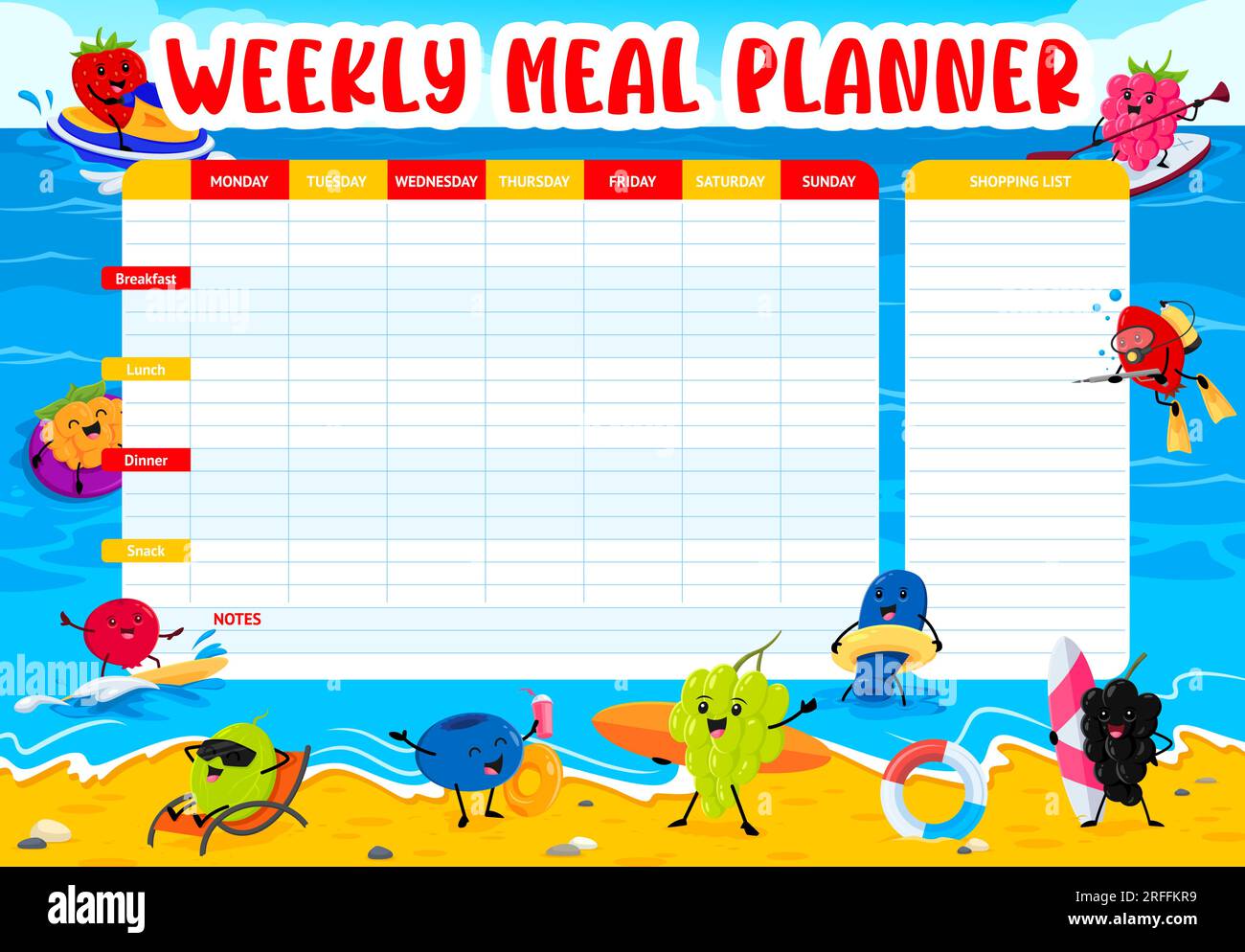 Weekly meal planner. Cartoon funny berry characters on summer beach ...
