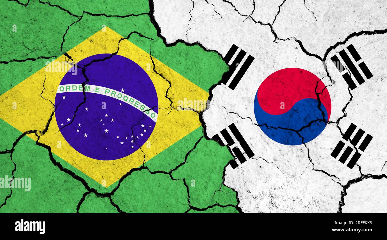 Flags of Brazil and South Korea on cracked surface - politics ...