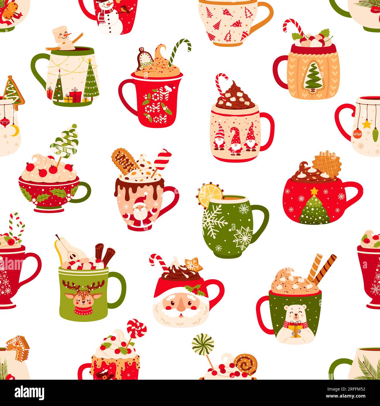 Christmas chocolate and eggnog drinks seamless pattern with cartoon ...