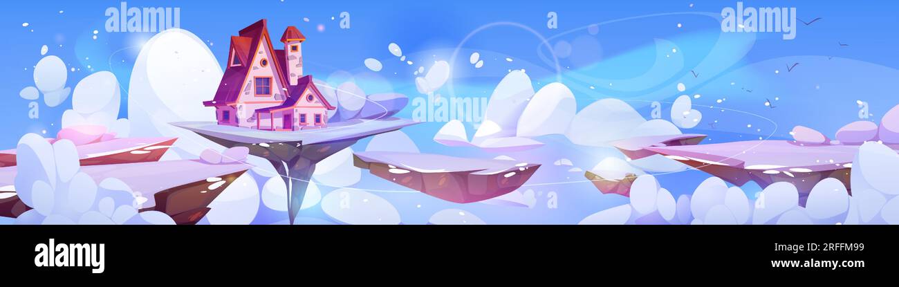 Cozy old house floating on magic winter island in sky. Vector cartoon ...
