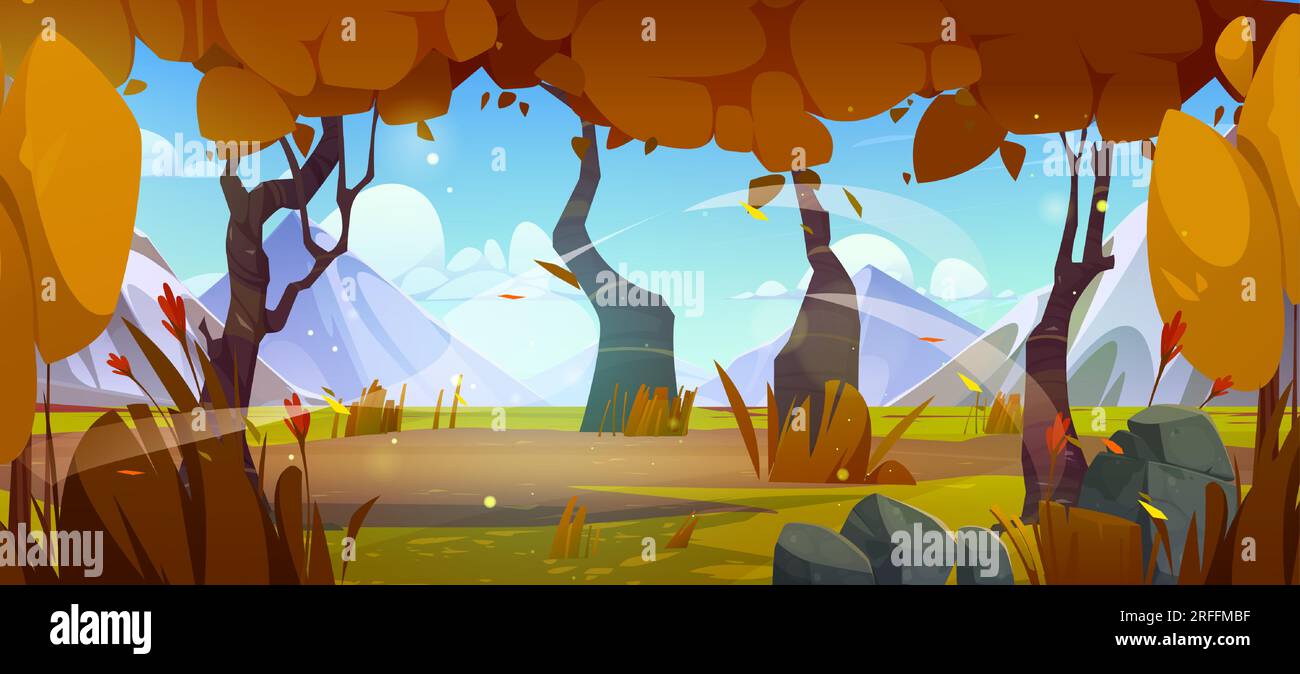 Autumn natural landscape with swamp in mountain valley. Vector cartoon ...