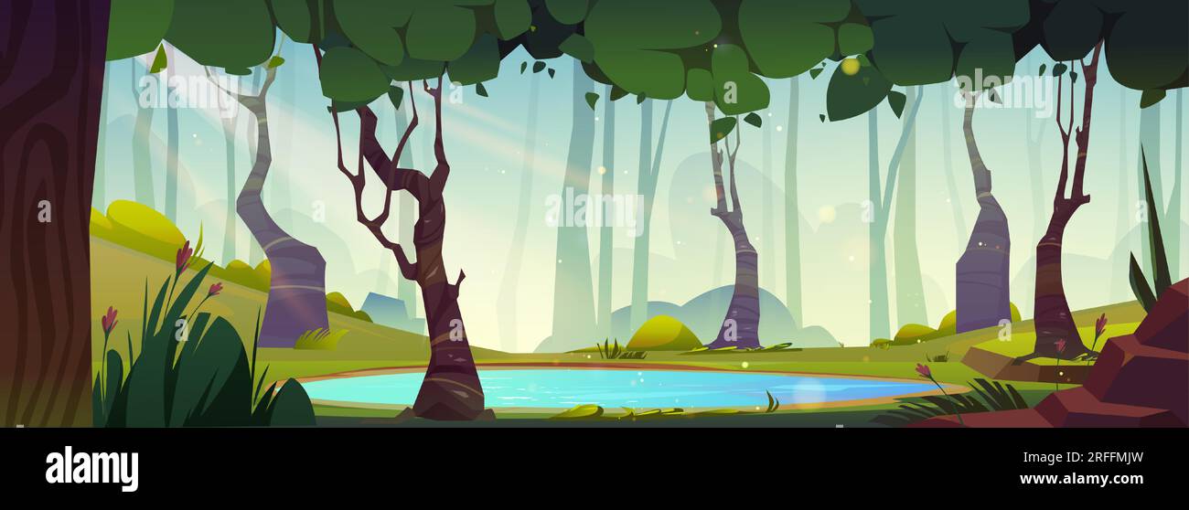 Sunny day in green forest with blue lake. Vector cartoon illustration ...