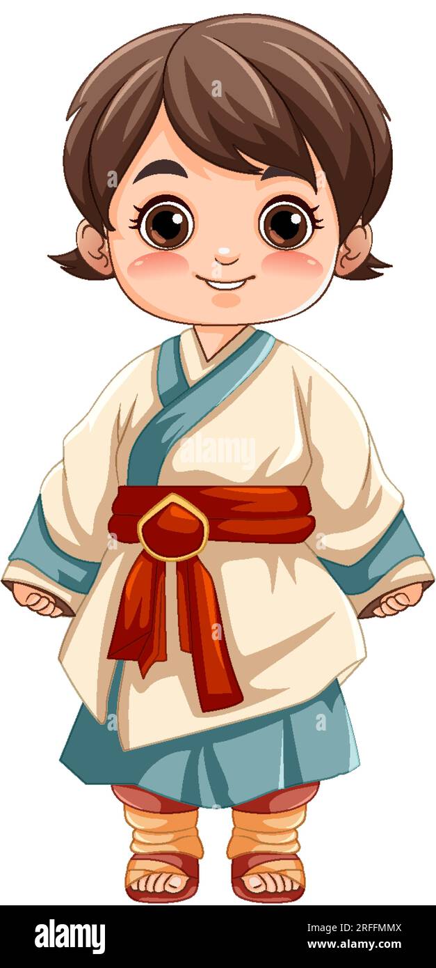 A cartoon illustration of a cute Asian girl wearing a traditional ...