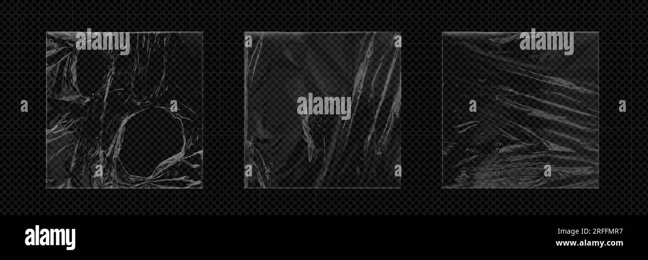 Set of wrinkled and torn pieces of plastic wrap isolated on transparent ...