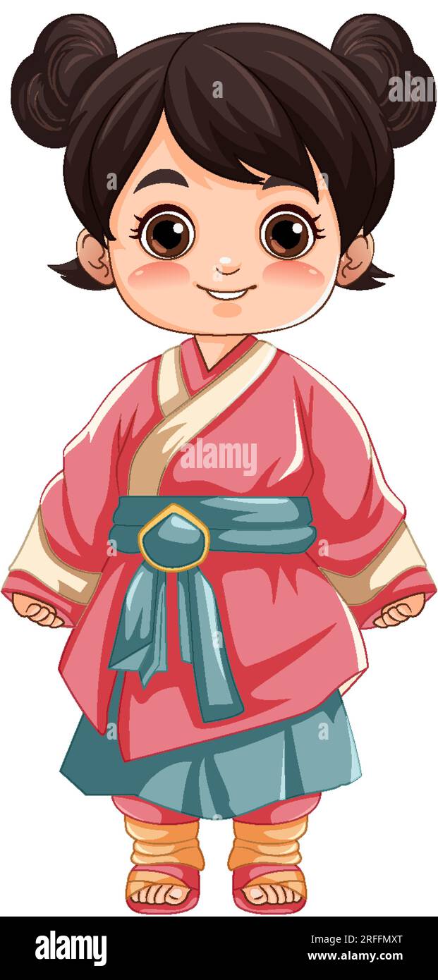 A vector cartoon illustration of a cute Asian girl wearing a ...