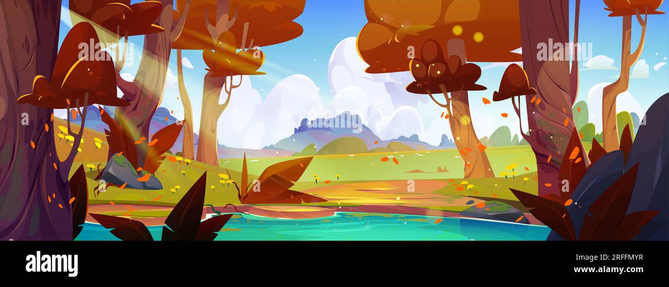 Autumn forest landscape with lake and tree vector background. Nature ...