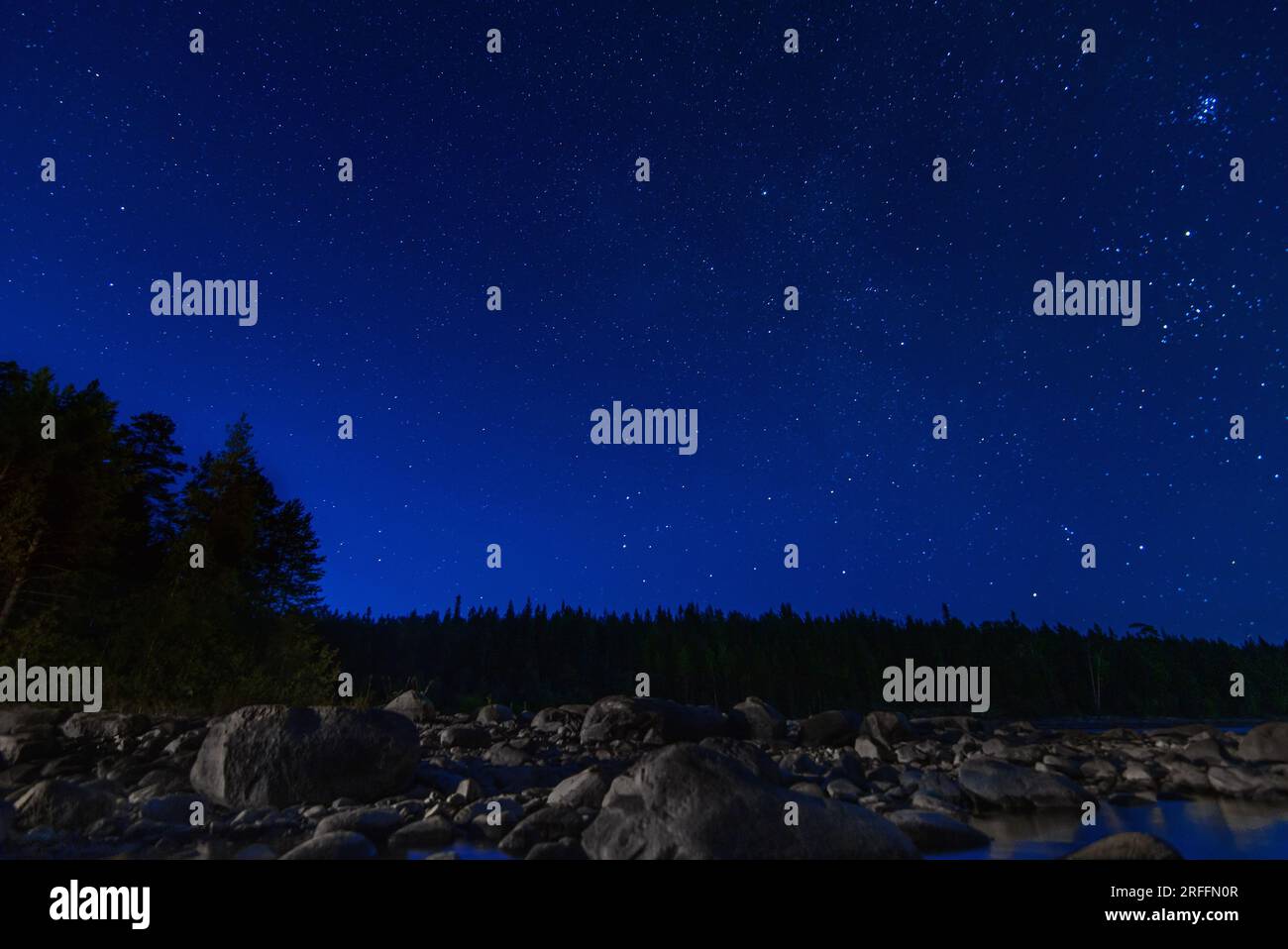 night landscape with a starry sky over sea water with stones and forest ...