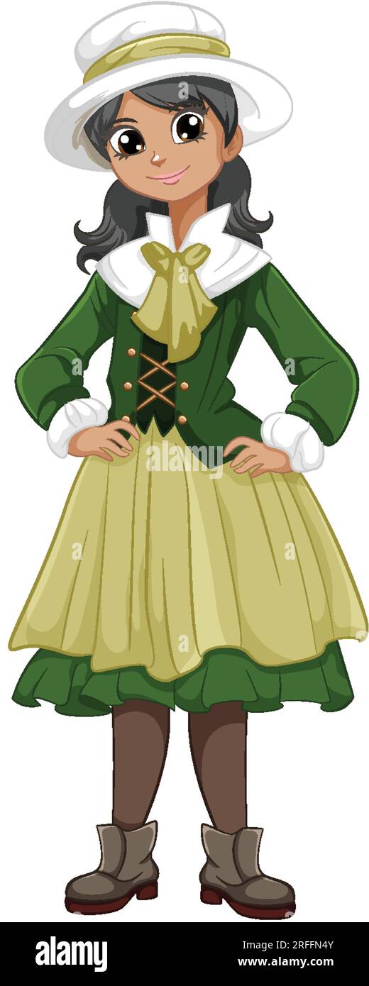 A cartoon illustration of a woman wearing a bowler hat and vintage ...