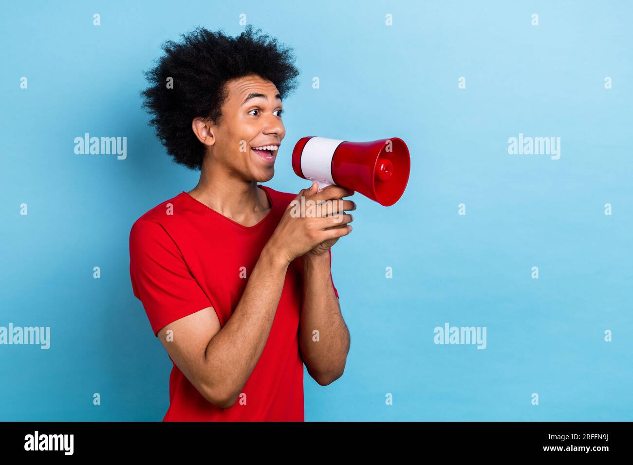 Profile photo of funky cheerful person arms hold loudspeaker toa look ...