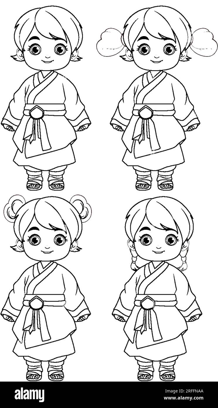 Four vector cartoon characters of Asian origin for colouring activities ...