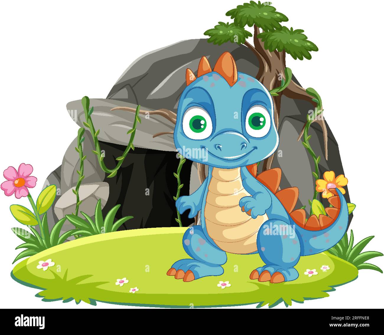 A cartoon illustration of a baby dragon standing in front of a cave ...