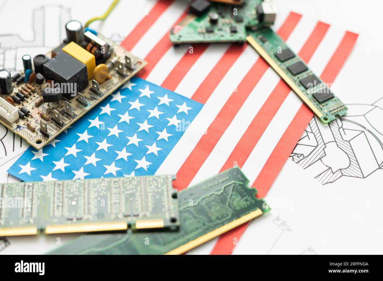 Flag of USA on a processor, CPU Central processing Unit or GPU ...