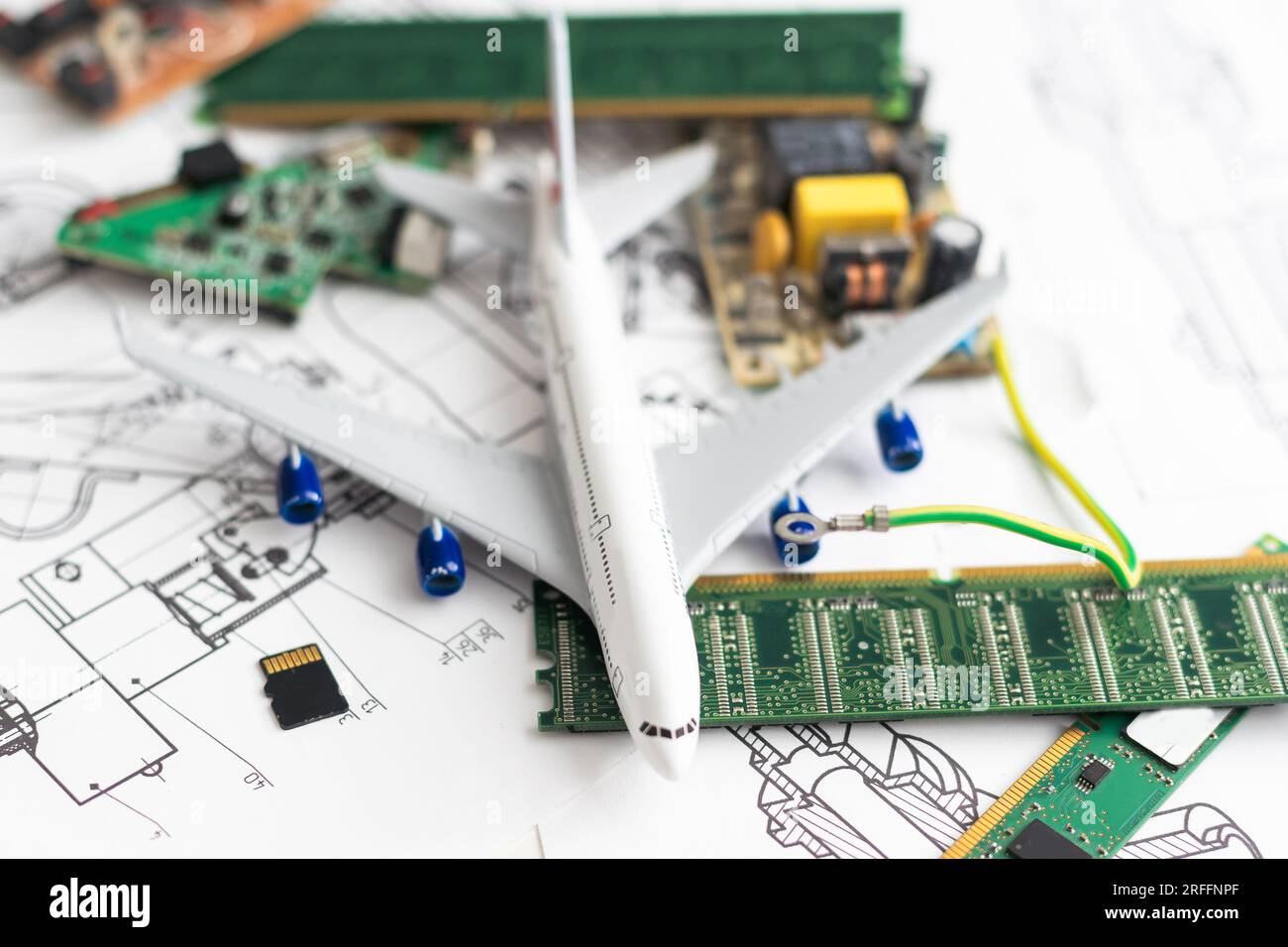 concept of digital twin or aviation technology, graphic of microchip ...