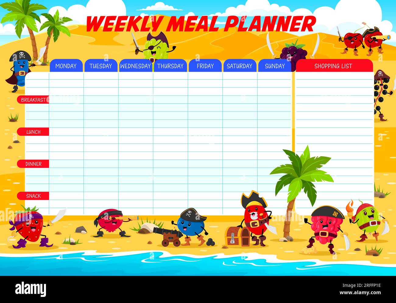 Weekly meal planner with berry pirates and corsairs characters. Vector ...
