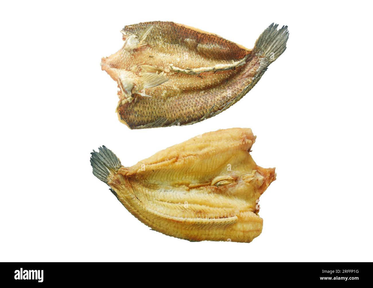 deep fried striped snake head fish with salt on white background Stock ...