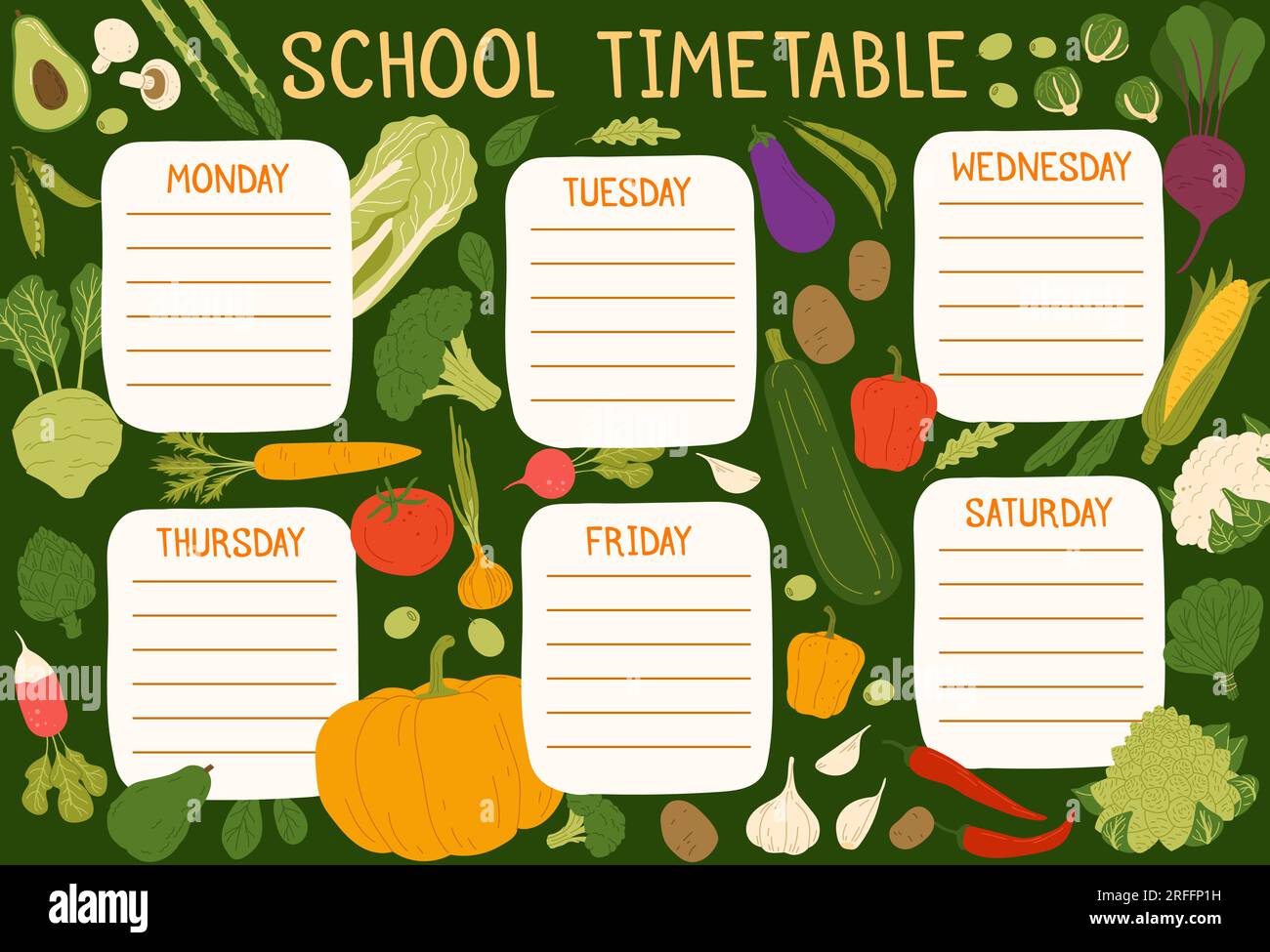 Education timetable schedule with harvest raw vegetables. School ...