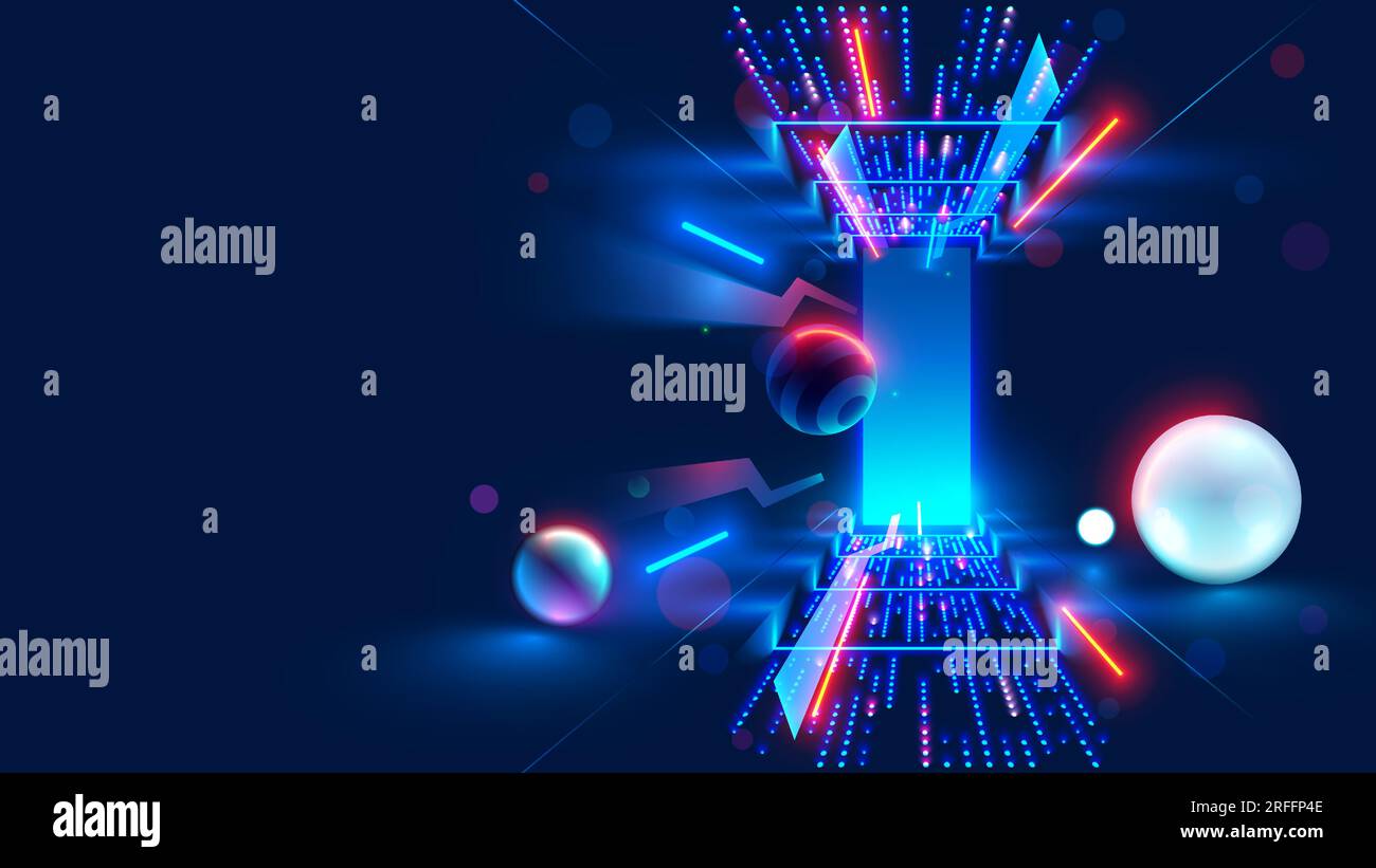 Abstract door in tunnel with digital data center light signals. Future ...