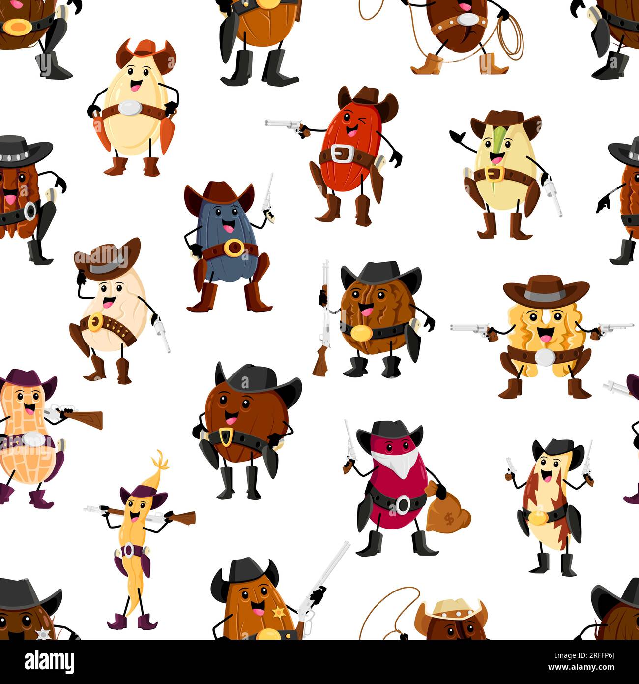 Cartoon nut, bean and legume cowboy, ranger, bandit and ranger ...