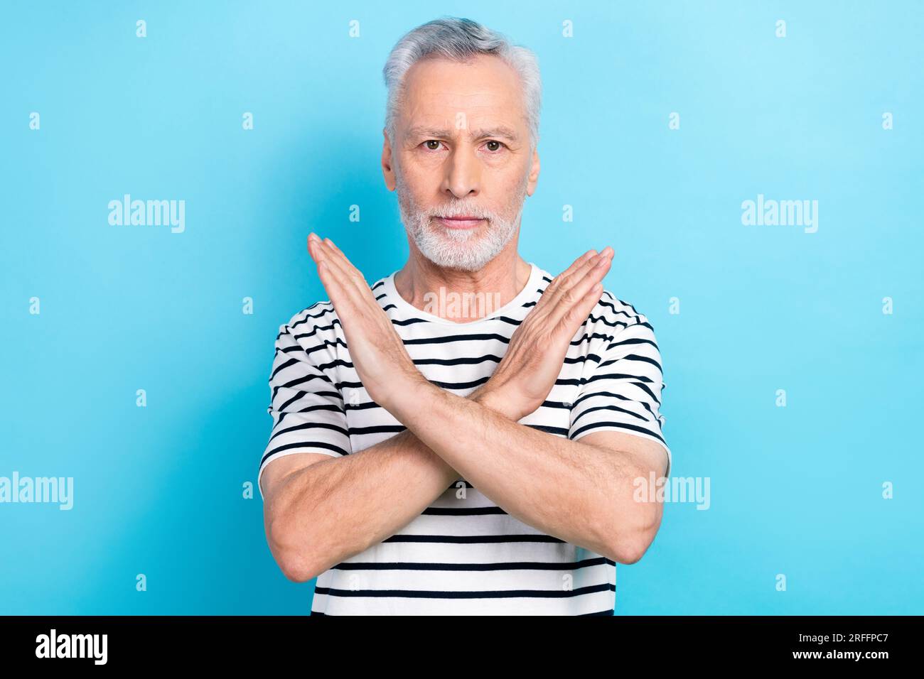 Photo of serious confident man wear trendy clothes two hands crossed ...