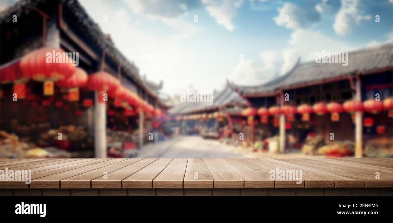 Colorful wooden platform landscape: Chinese shops in the old street ...