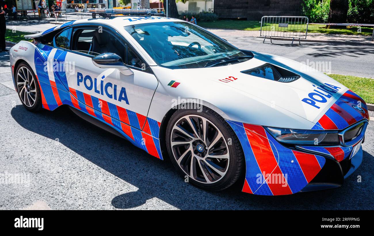 Special BMW Portuguese transit police car, close up and wide angle ...