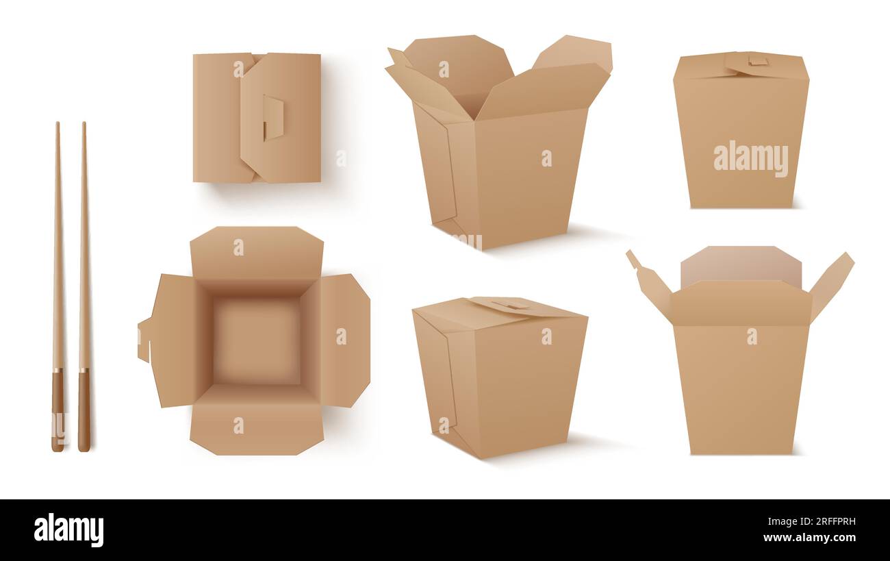 Realistic rice and wok box package or takeaway noodles container ...