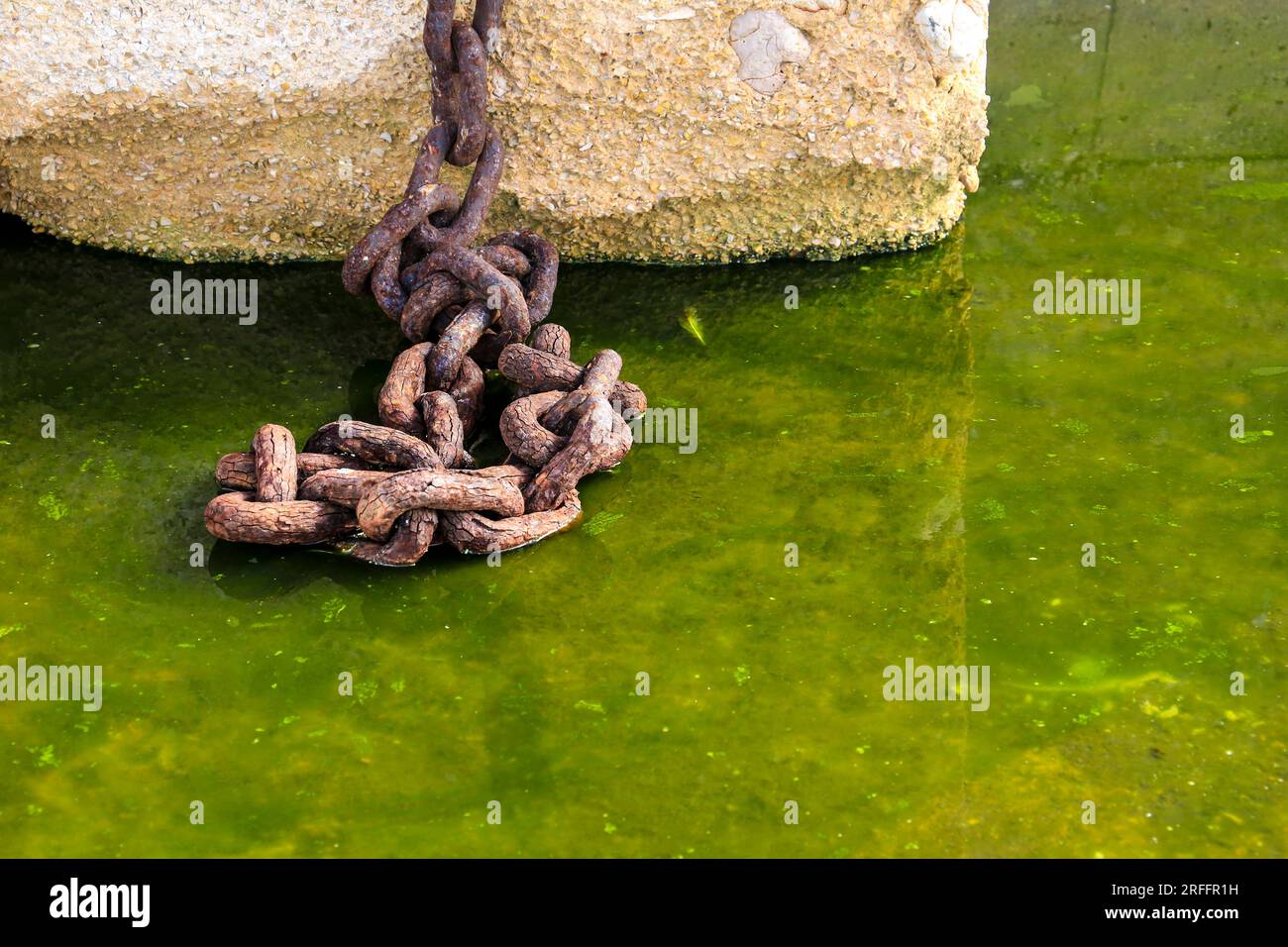 Concrete block with rusty chain on a puddle of green water with ...