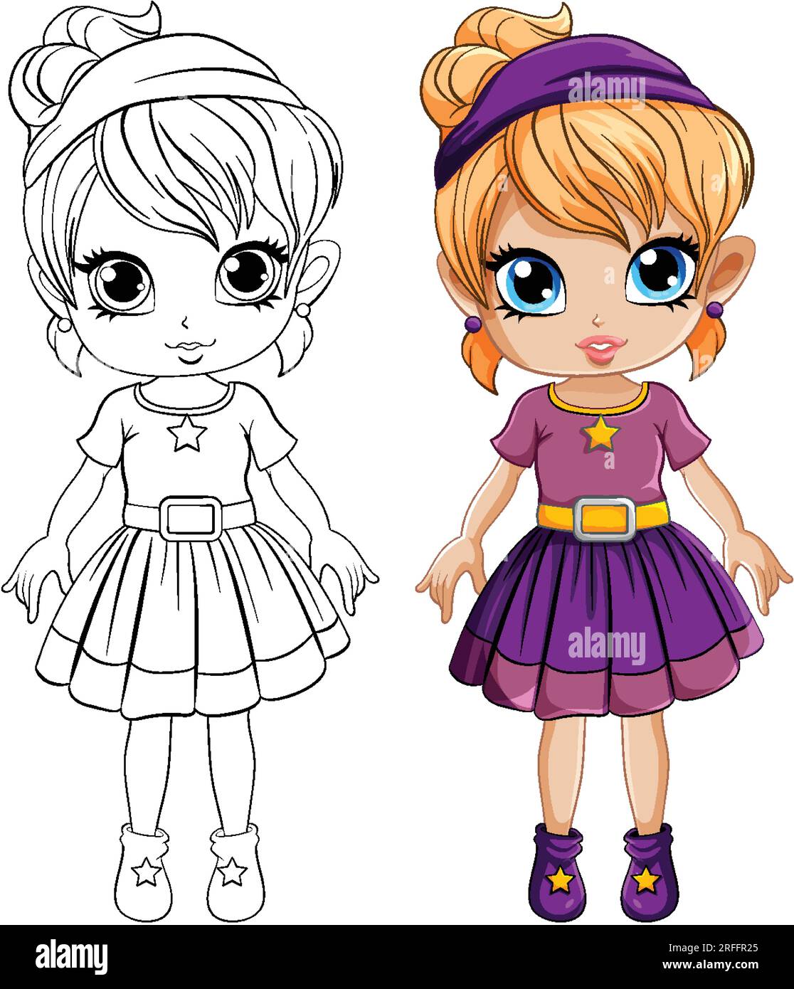 Cute girl cartoonl and its doodle coloring character illustration Stock ...