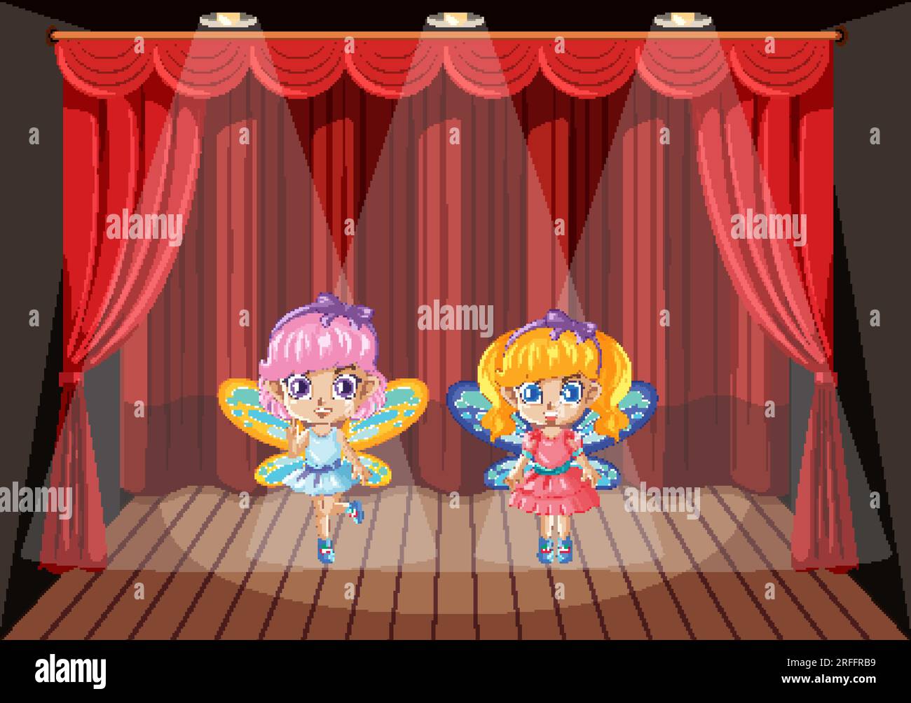 Girls dressed as fairies perform on stage in a cartoon-style vector ...