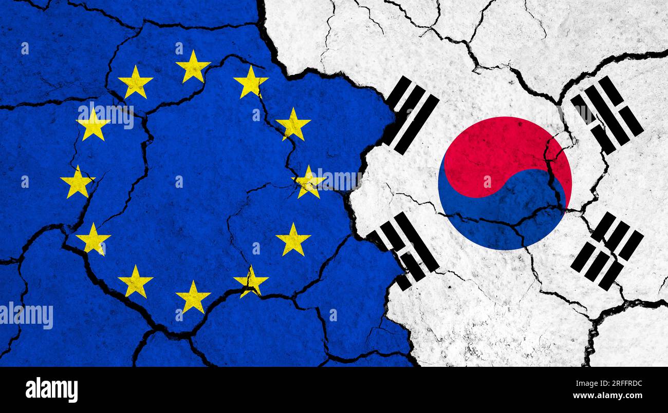Flags of European Union and South Korea on cracked surface - politics ...