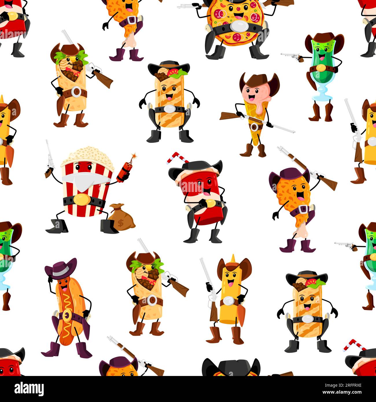 Fast food cowboy ranger, bandit and sheriff characters seamless pattern ...