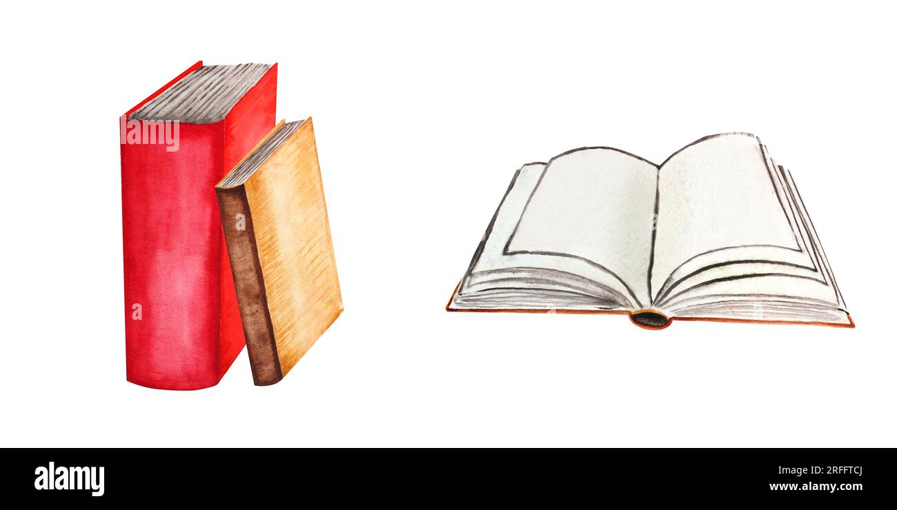 Watercolor illustration of books: red and beige with brown colors. The ...