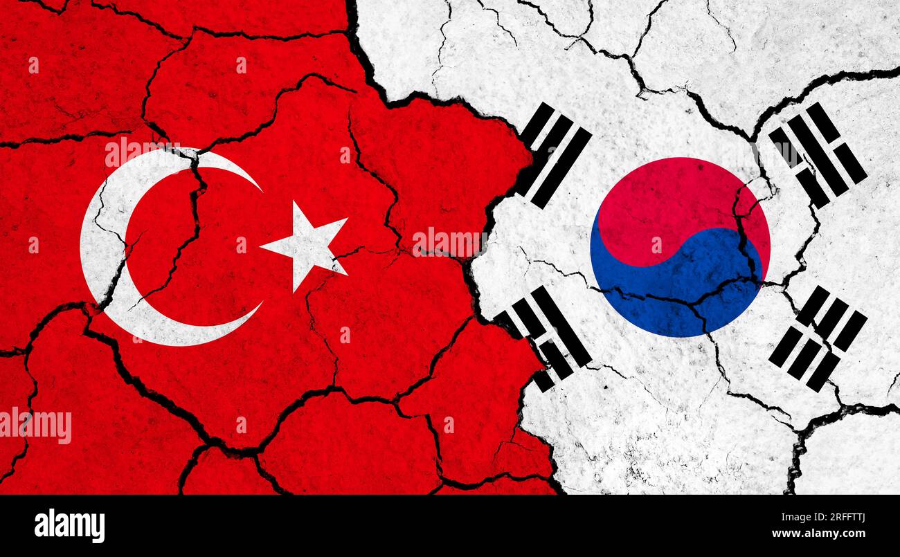 Flags of Turkey and South Korea on cracked surface - politics ...
