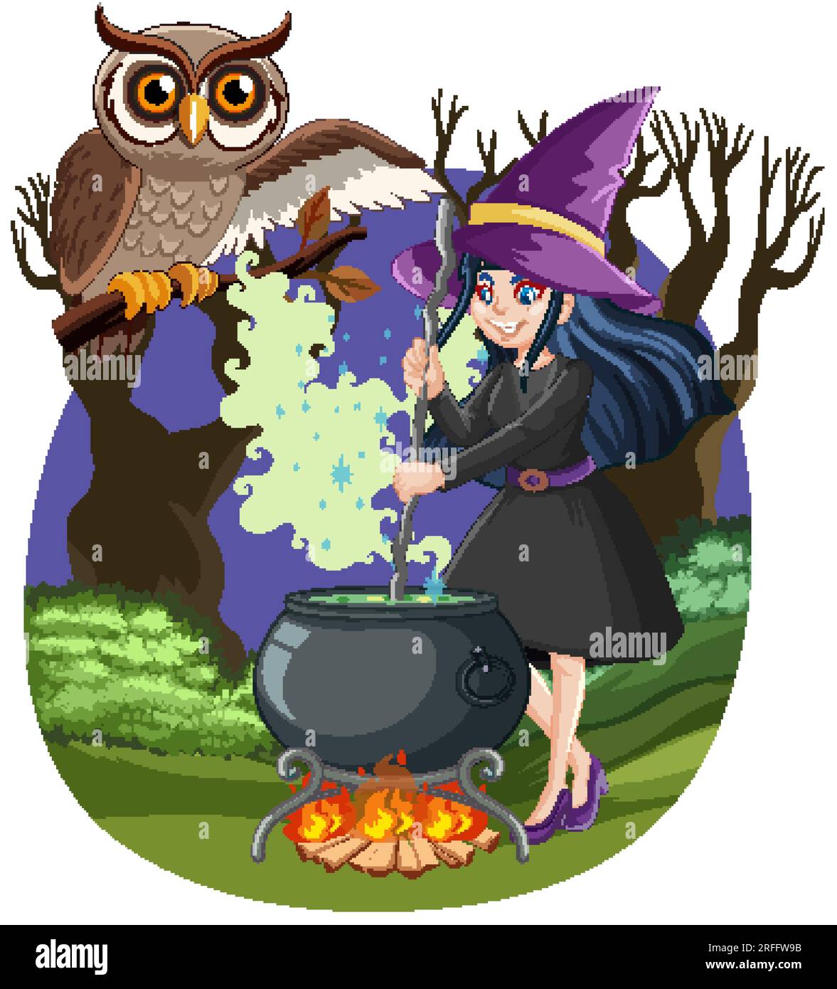 A fantasy witch is cooking a mysterious potion in a dark forest, with ...