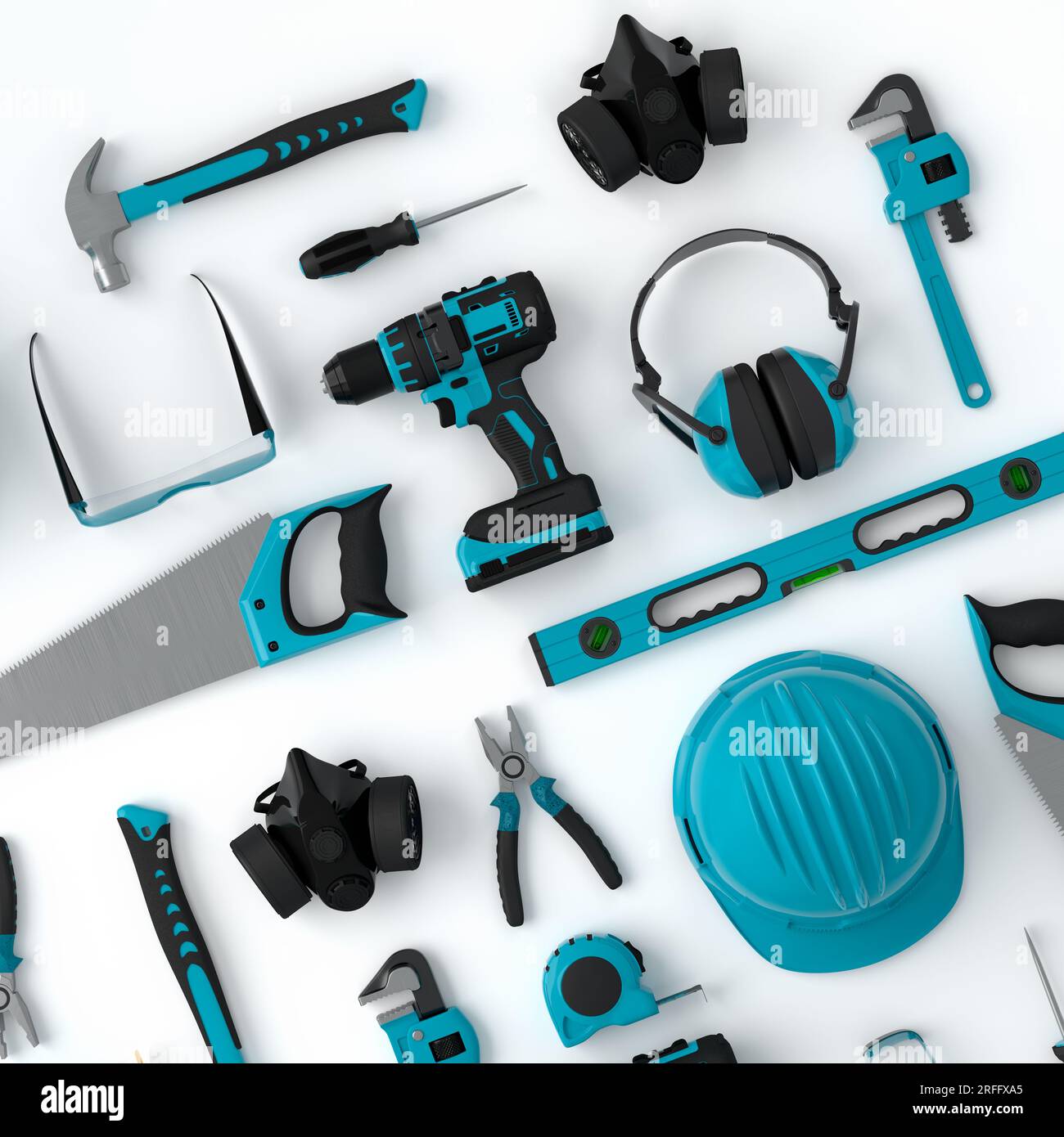 Top view of green construction tools for repair and installation on ...