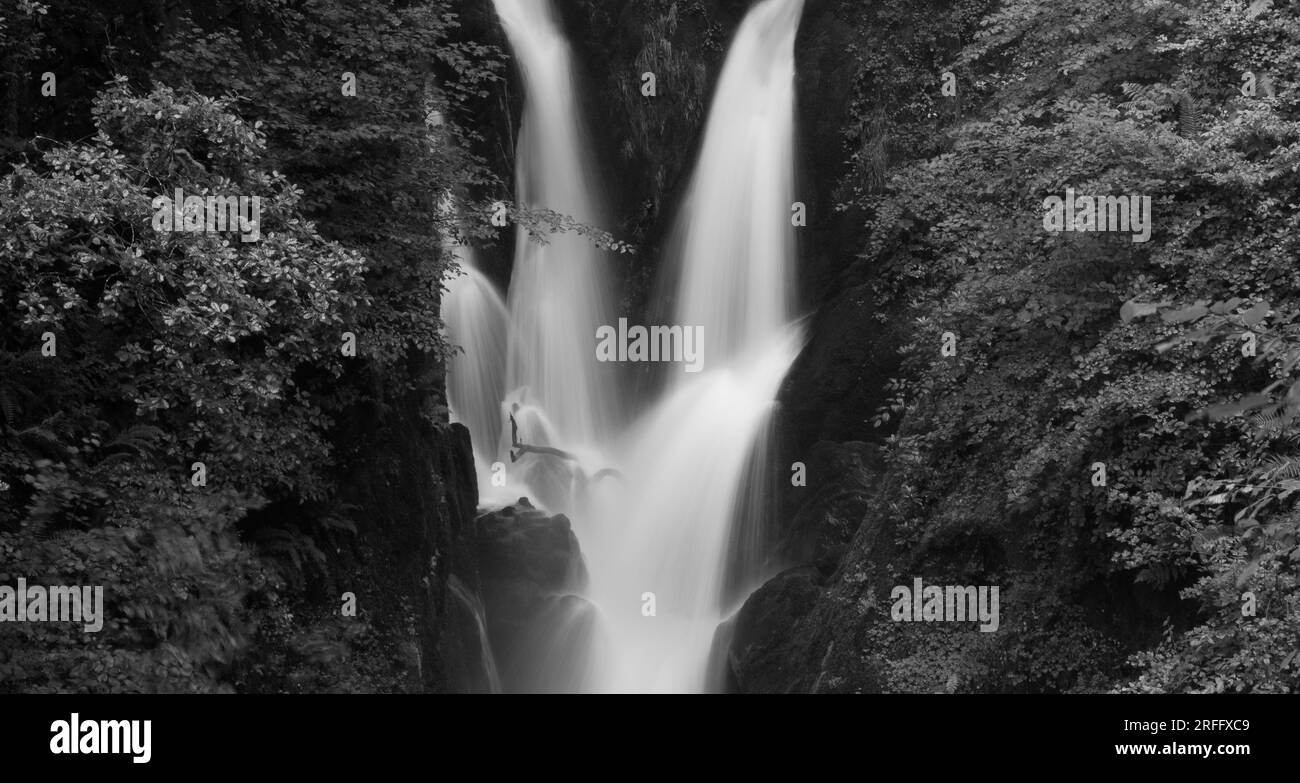Stoch Ghyll Force waterfall Lake District UK in black & white Stock ...