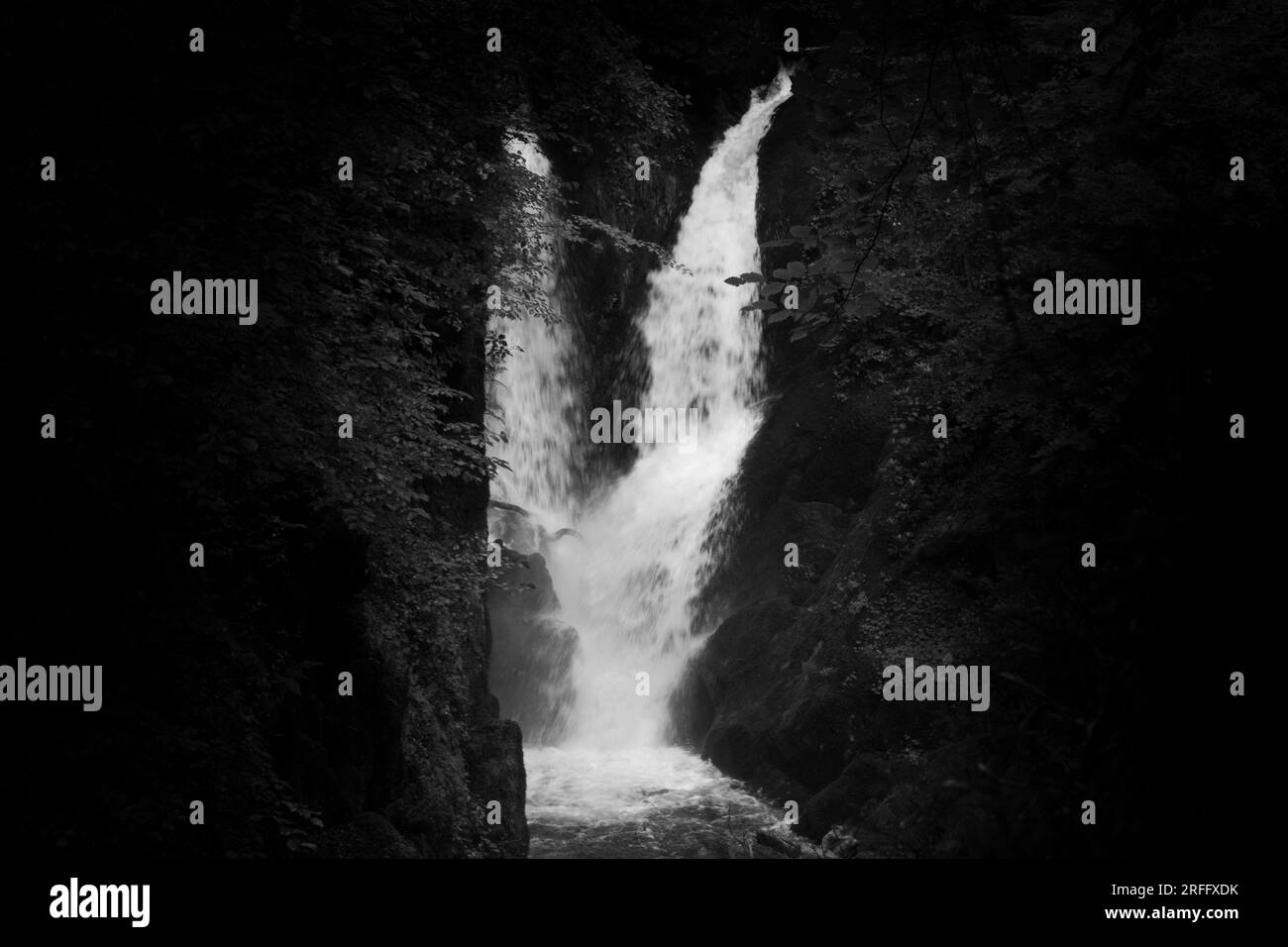 Stoch Ghyll Force waterfall Lake District UK in black & white Stock ...