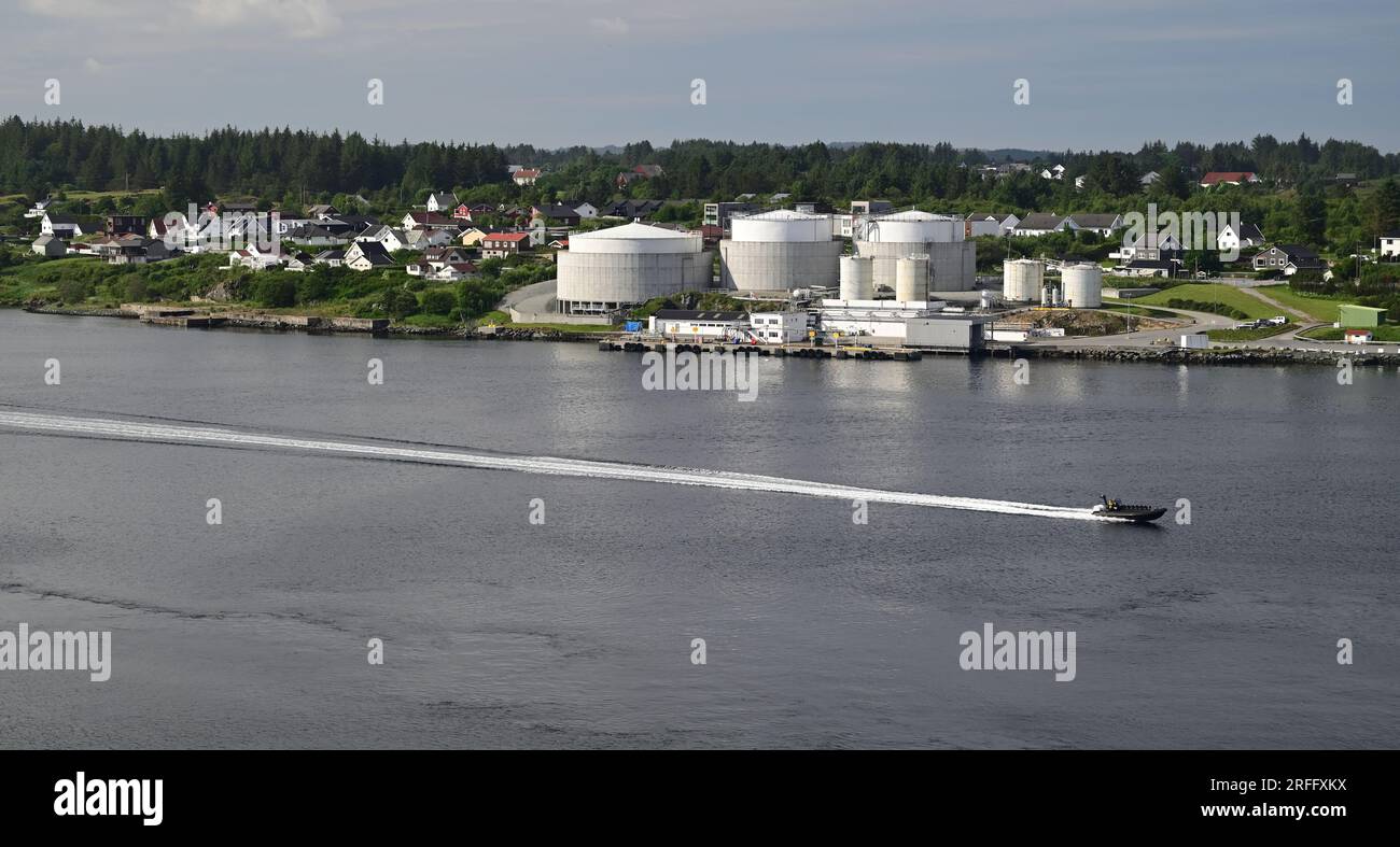 Fuel storage tanks on the island of Karmoy, opposite Haugesund, Norway ...