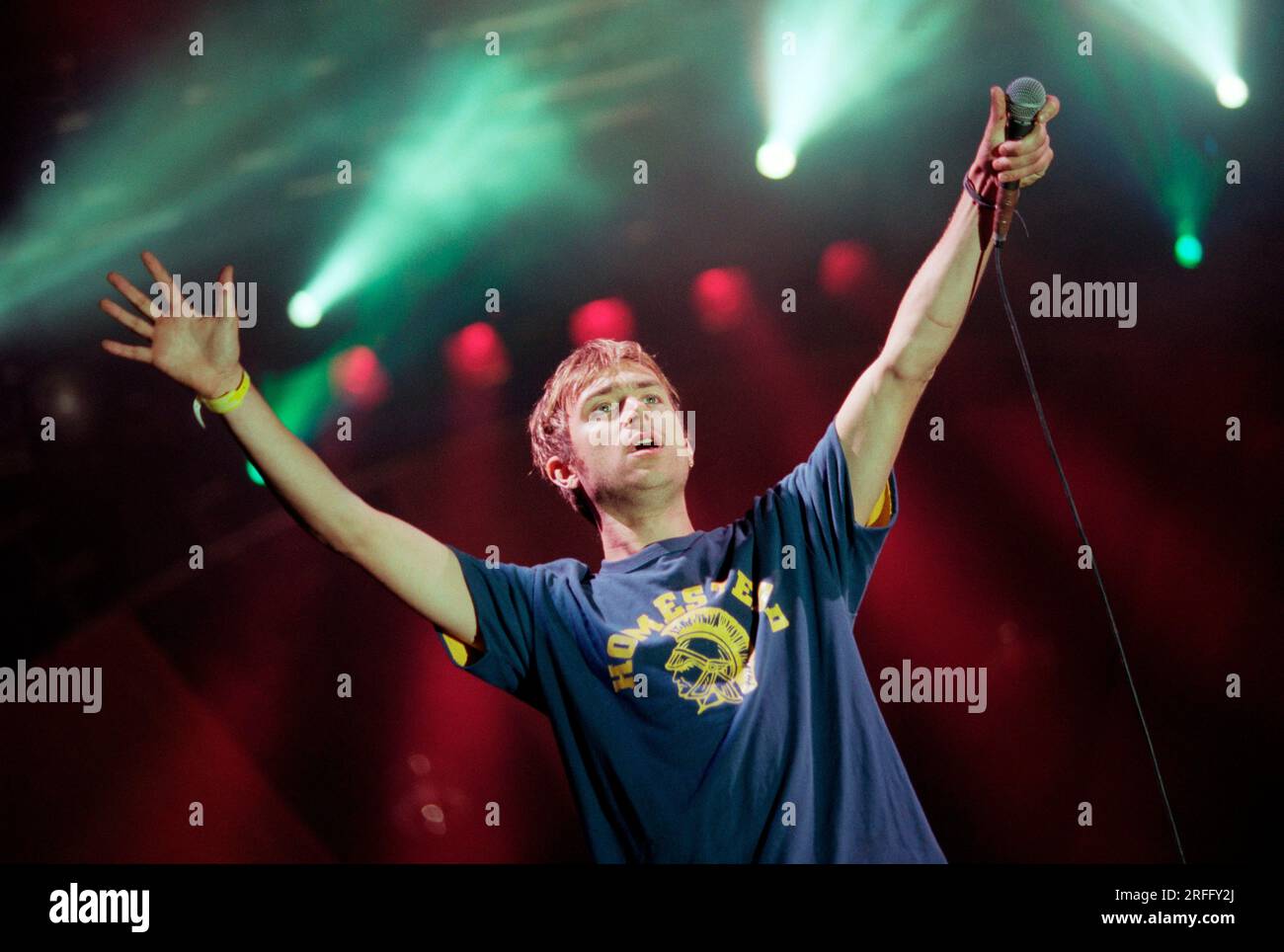 BLUR lead singer Damon Albarn live on stage at Glastonbury Festival ...