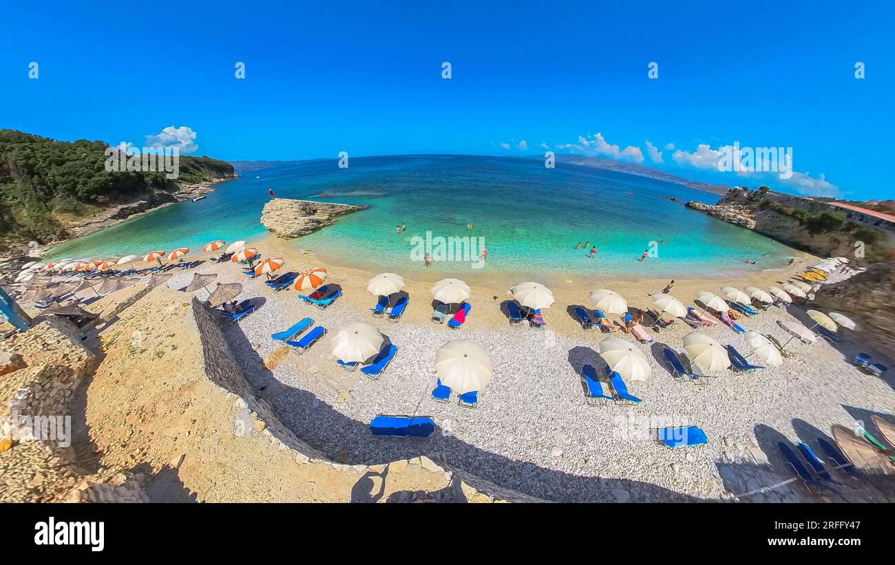 Saranda, Albania - June 6, 2023: drone view of Pulebardha Beach is a great option for a quiet ...