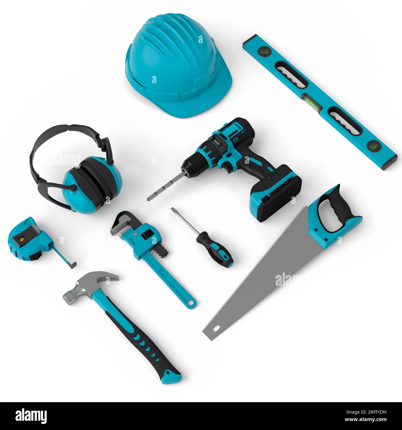 Top view of green construction tools for repair and installation on ...