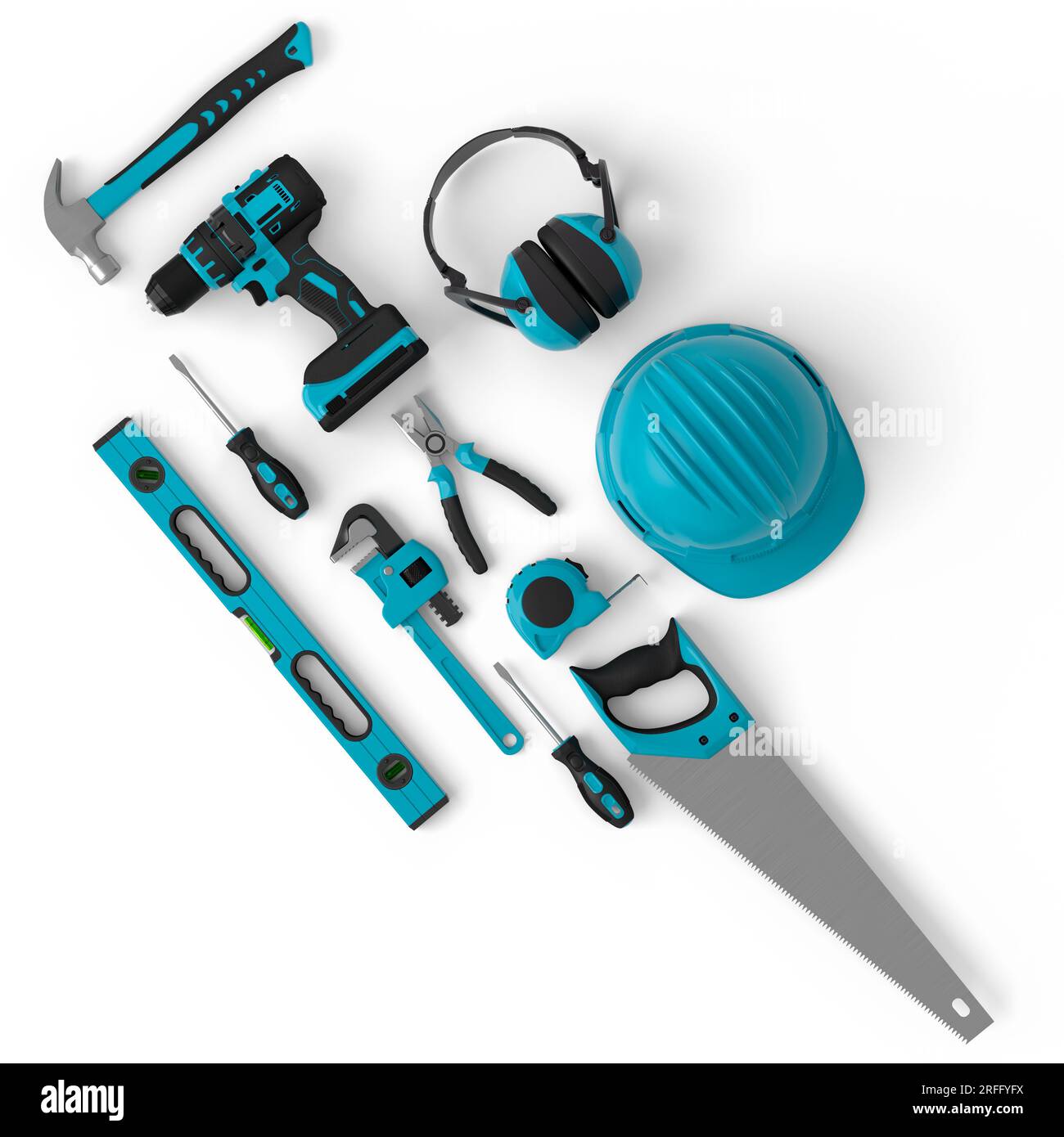 Top view of green construction tools for repair and installation on ...