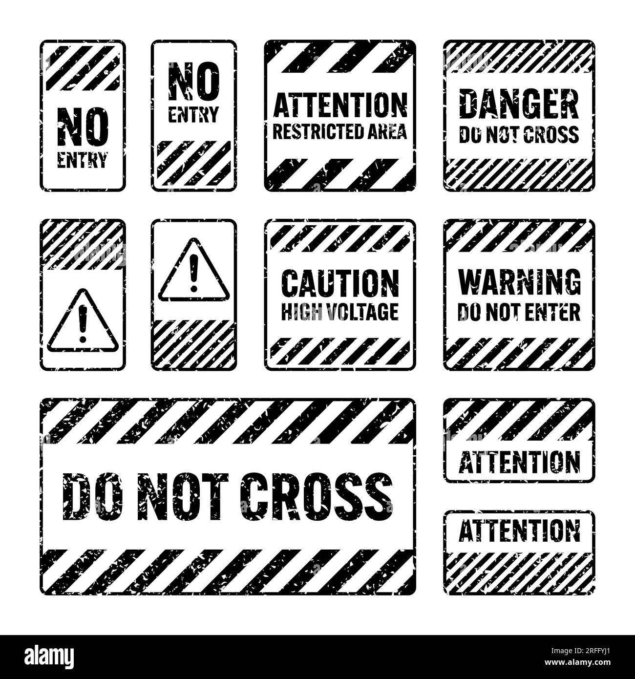 Various black grunge warning signs with diagonal lines. Old attention ...